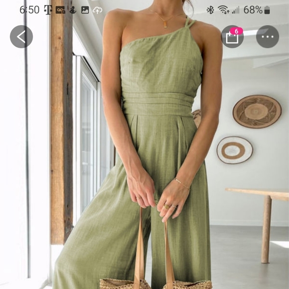 Pants & Jumpsuits | Green Asymmetric One Shoulder Wide Leg Jumpsuit ...